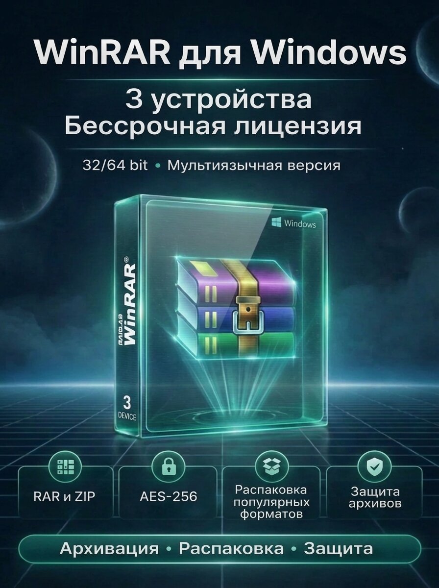 Лицензия WinRAR для Windows, 3 устройство, бессрочная, 32/64 бит, мультиязычная версия