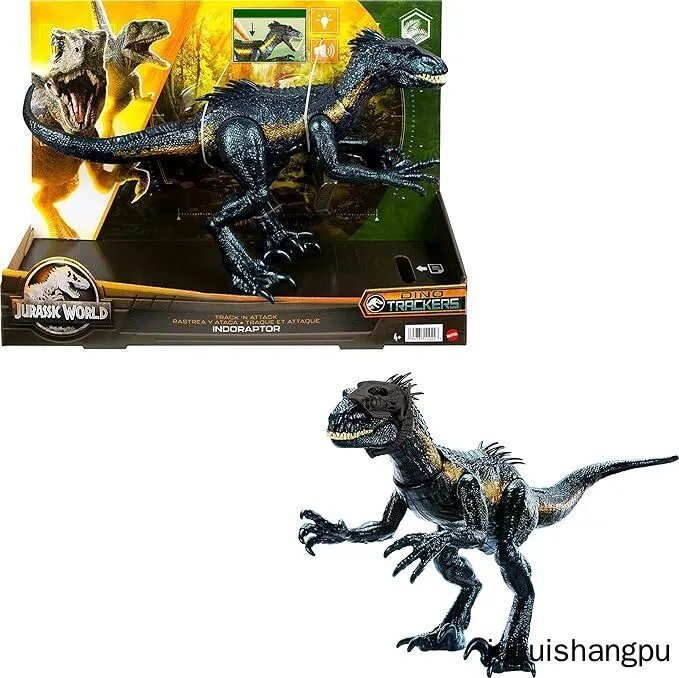 Игрушки Mattel Jurassic World Toys Фигурка динозавра Индораптора Track N Attack с трекинговым снаряжением и 3 функциями атаки свет + звук HKY11
