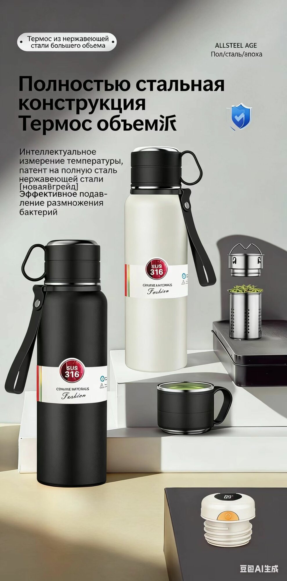 Термос для чая "Термос", нержавеющая сталь, вакуумный, черный, 2 л