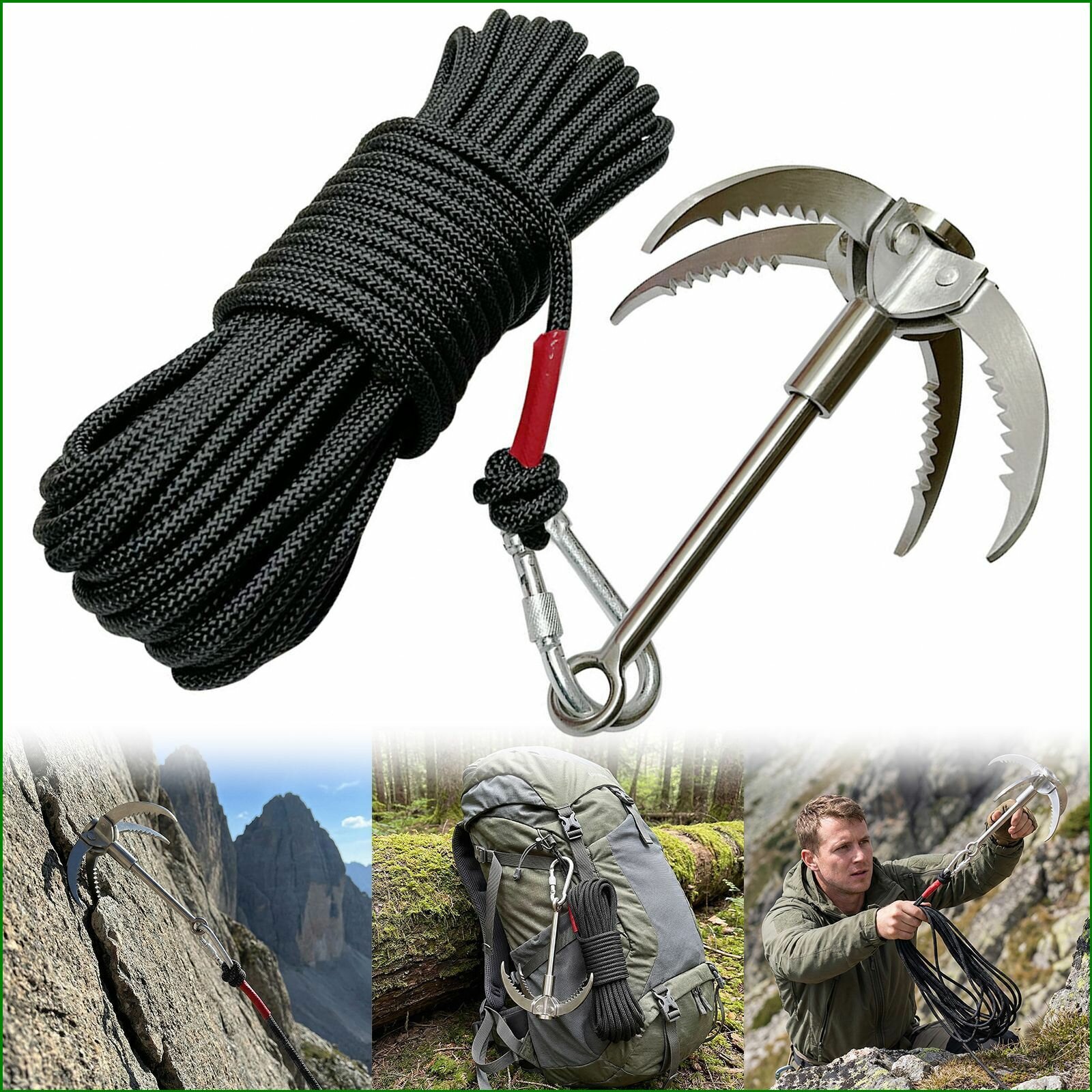 Уличный абордажный крюк с верёвкой 20 м, скальные крюки Flying Tiger Claw, чёрные