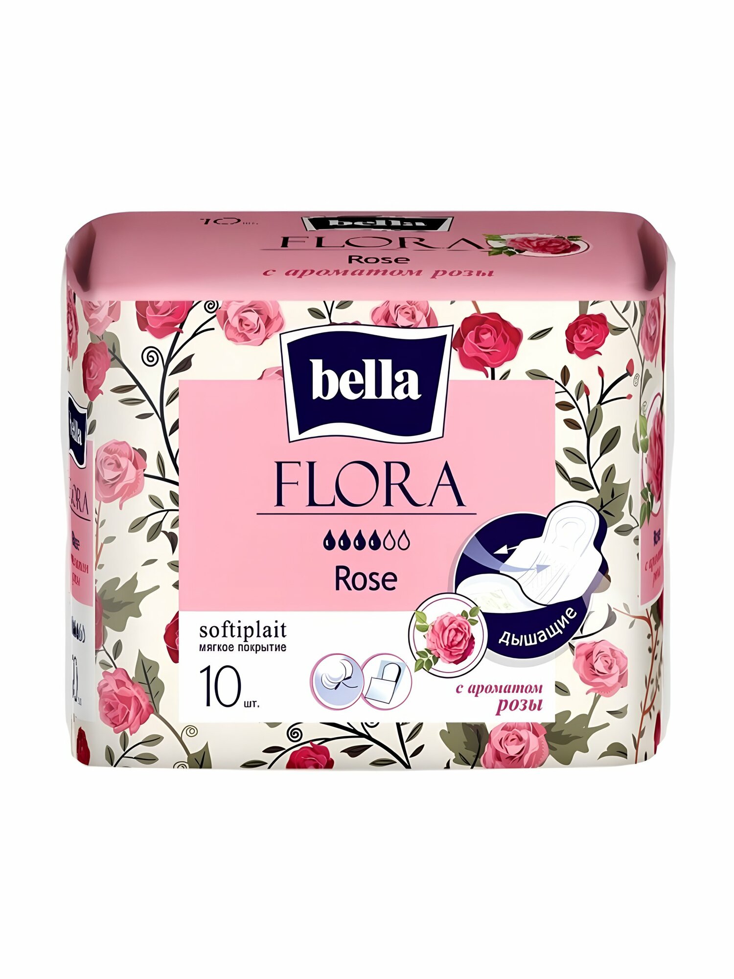 Прокладки женские ежедневные Bella Flora с ароматом розы, 10 штук, 22.5 см, с крылышками, 4 капли, модель BE-012-RW10-096