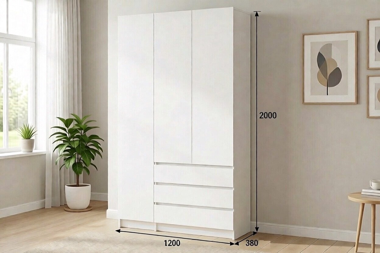 Шкаф распашной, трехстворчатый "Бали", с ящиками и вешалками, 120*38*200, цвет Белый