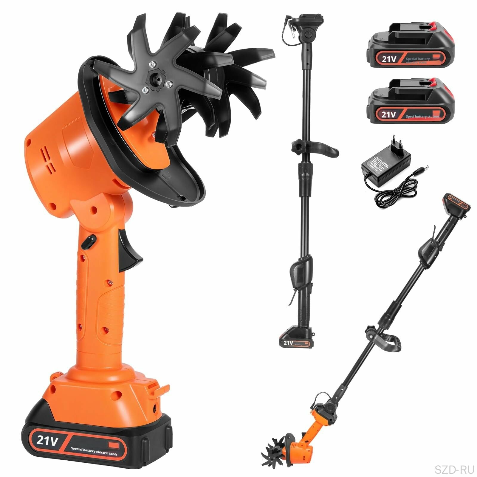 Бесшумный ручной электрический мини-культиватор для садов с четырехрядными клинками для обработки почвы, комплектуемый двумя аккумуляторами и зарядным устройством