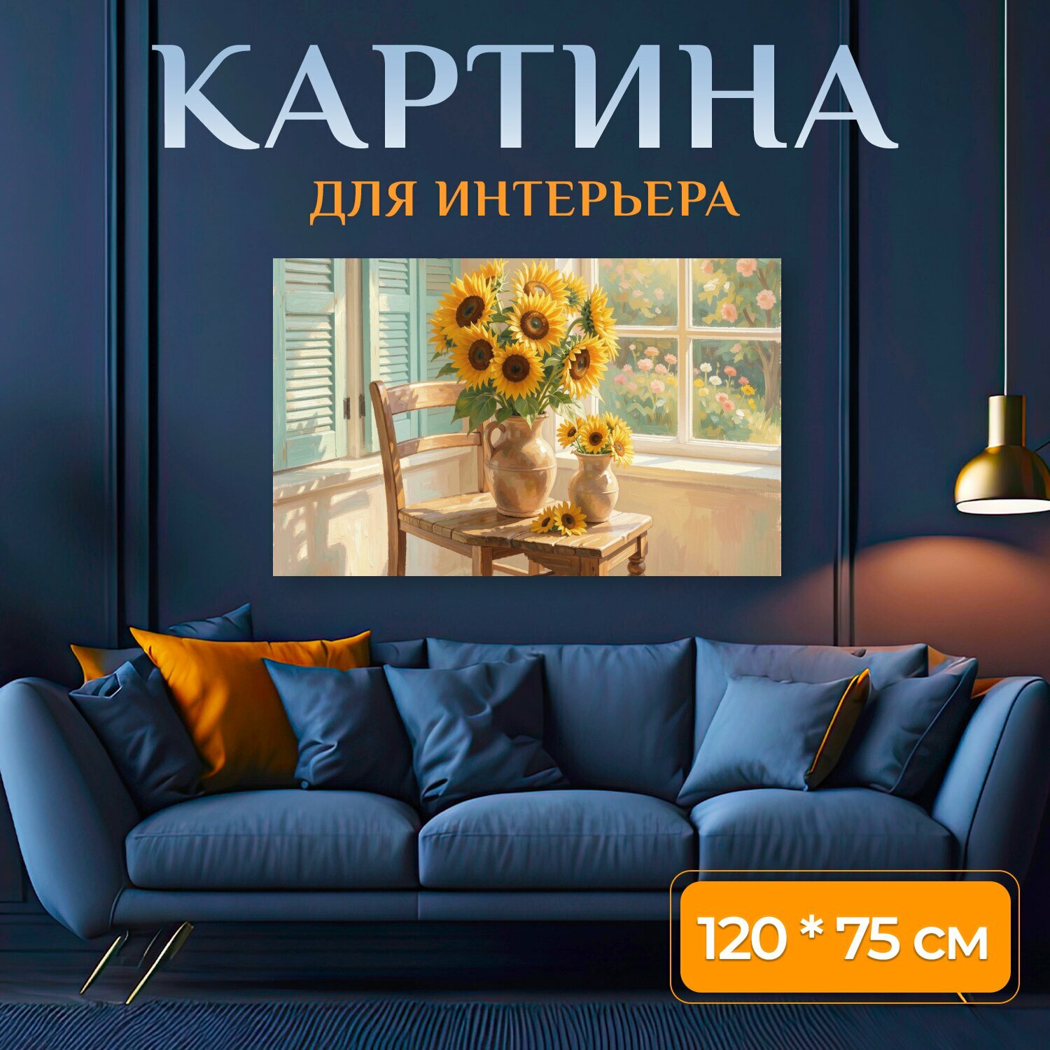 Картина на холсте "Подсолнухи у светлого окна. Уютный интерьер в солнечных тонах: букет ярких цветов в керамических вазах на деревянном стуле." на подрамнике 120х75 см. для интерьера