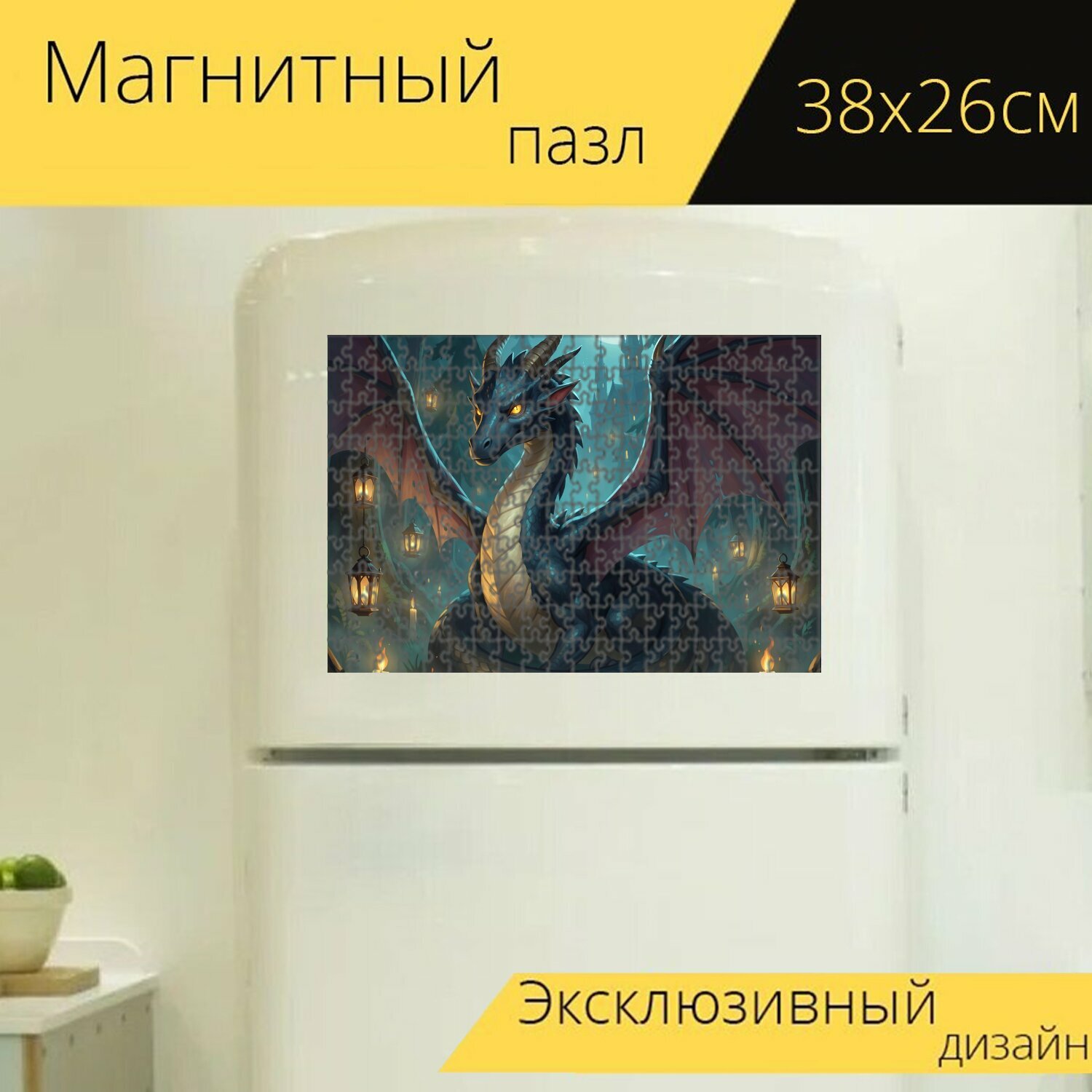 Магнитный пазл "Ночной дракон у замка. Фэнтезийная сцена с величественным крылатым ящером среди леса, свечей и старинных башен на фоне полной луны. Темные." для интерьера, 38х26 см.