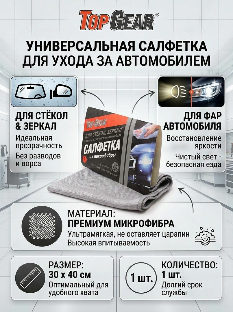TOP GEAR салфетка для Стекол Зеркал Фар автомобиля Микрофибра 30х40 см