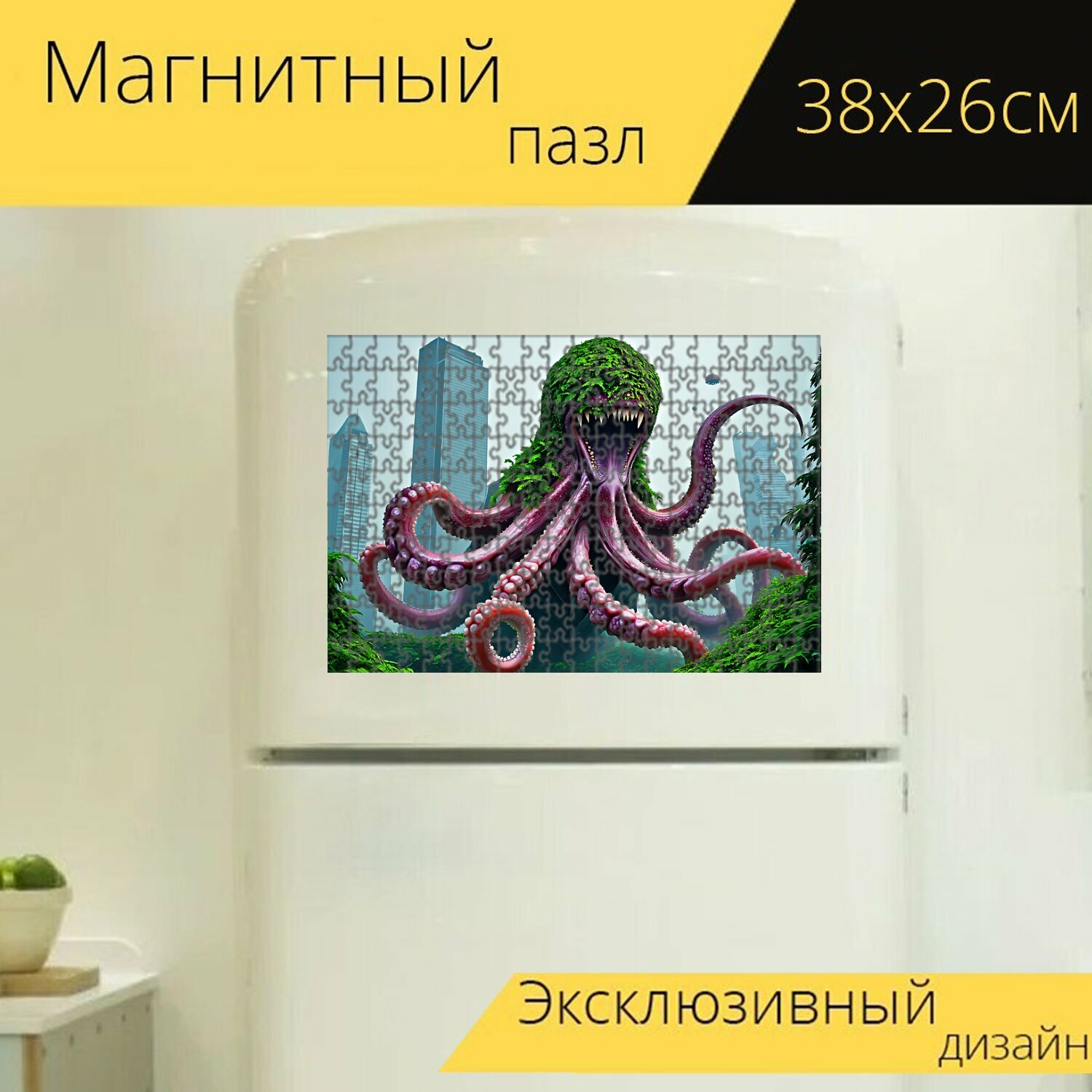 Магнитный пазл "Гигантский осьминог с пурпурными щупальцами, обвивающий современные города, покрытые зелеными растениями. На фоне высокие небоскребы и." для интерьера, 38х26 см.
