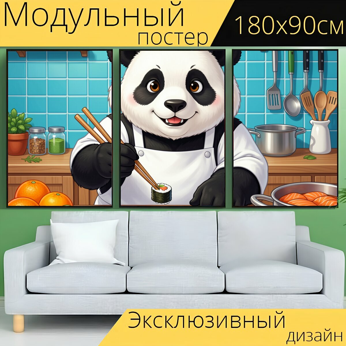 Модульный постер "Панда-повар готовит суши. Мультяшный кулинарный сюжет: забавный медвежонок в белой форме лепит роллы на кухне." 180 x 90 см. для интерьера на стену в тубусе