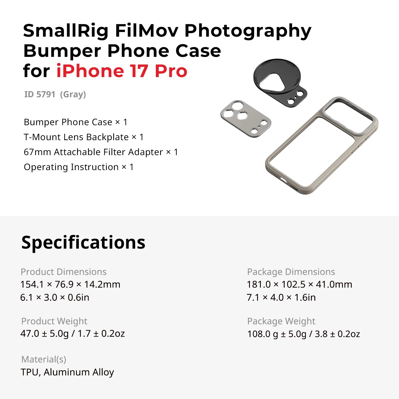 Чехол SmallRig FilMov для iPhone 17 Pro/Pro Max, легкий, для фотосъемки, с адаптером 5791 for 17 Pro