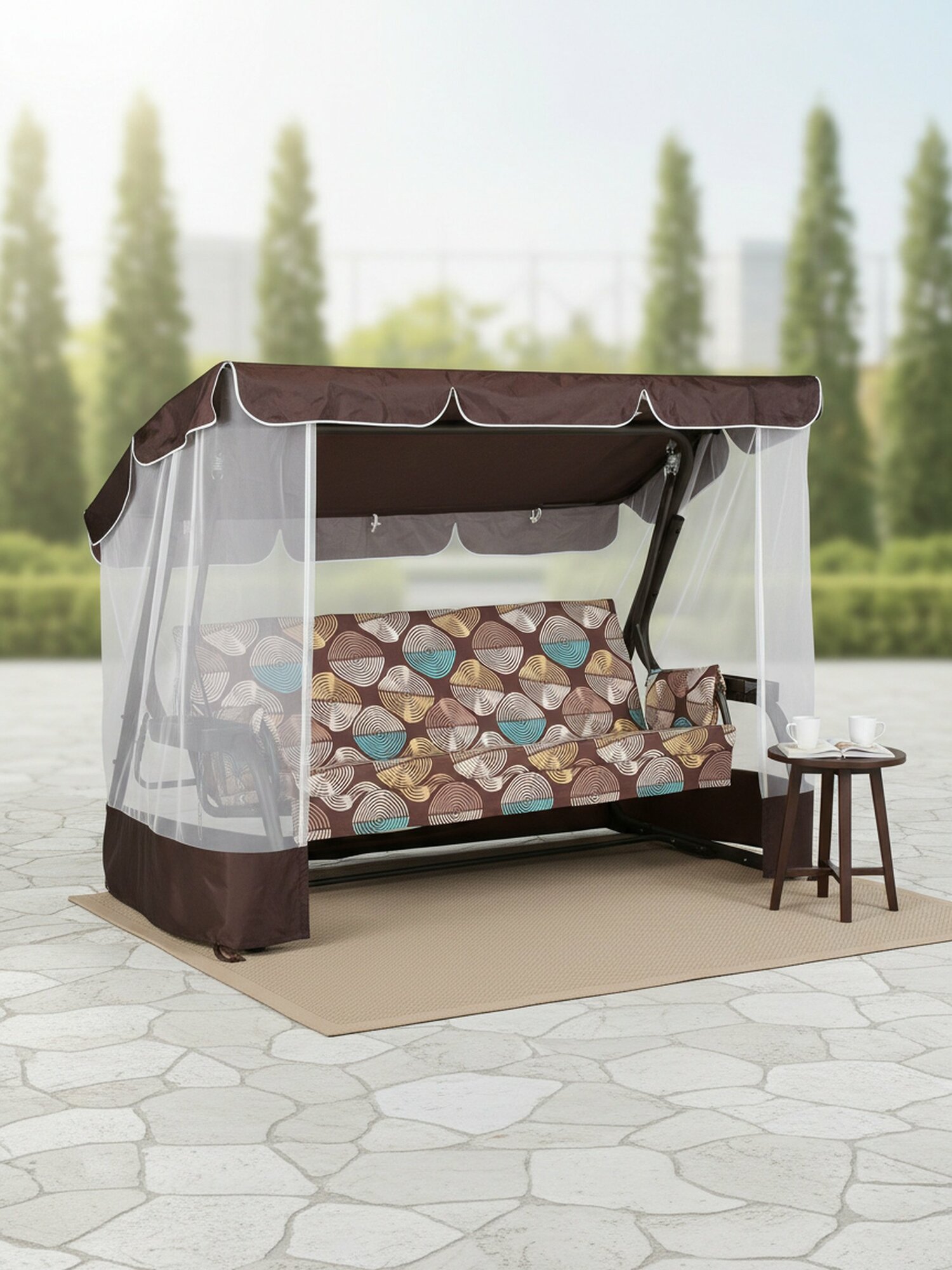 Садовые качели Прага 3-местные шоколад, 238.2х136х165 см, нагрузка 350 кг, раскладные в кровать, с москитной сеткой.