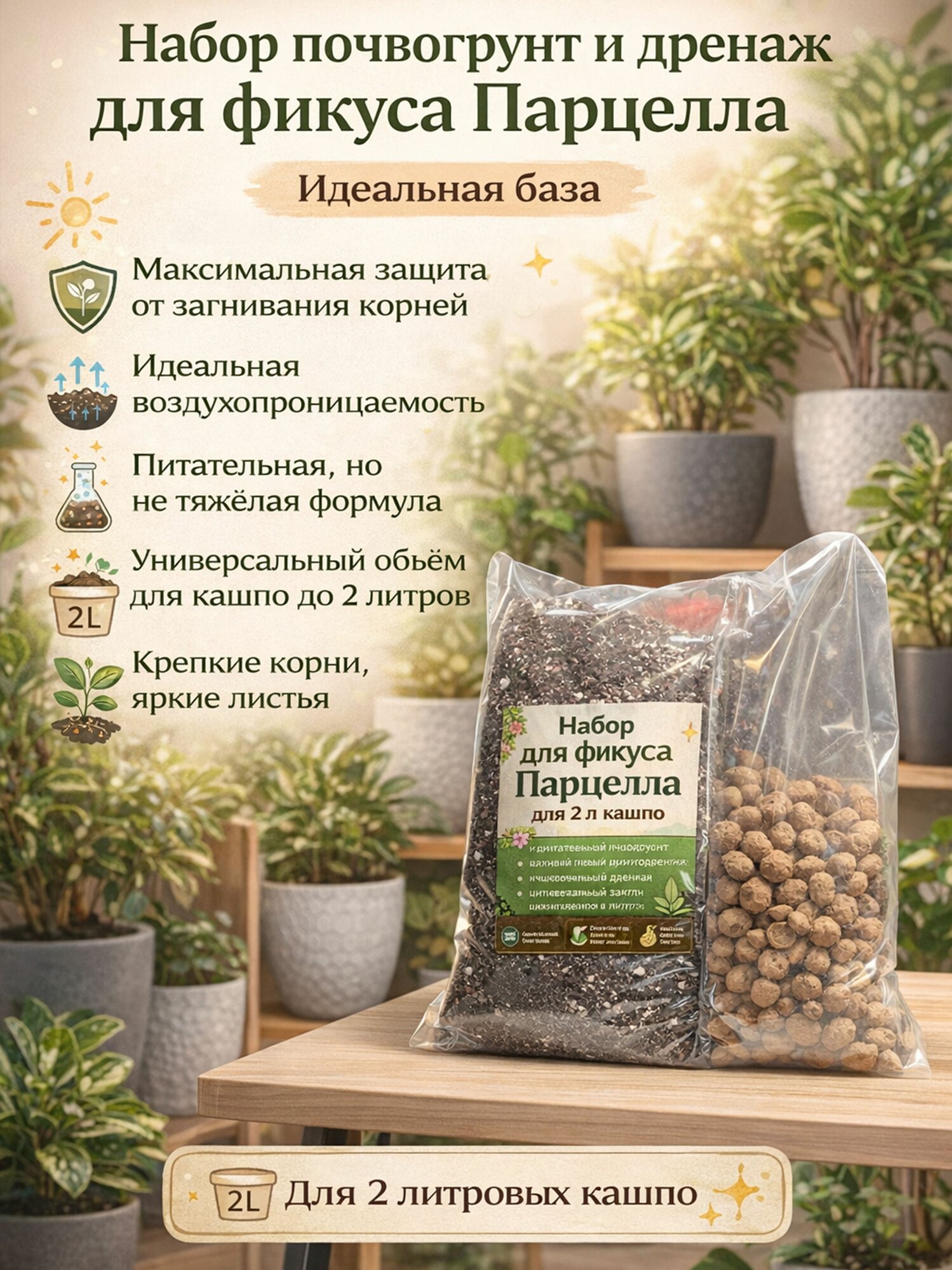 Набор почвогрунт и дренаж для фикуса Парцелла для 2л кашпо готовый набор