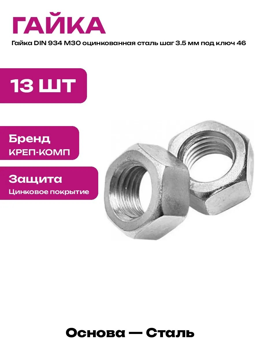 Гайка крепежная М30 DIN 934 сталь оцинкованная класс прочный