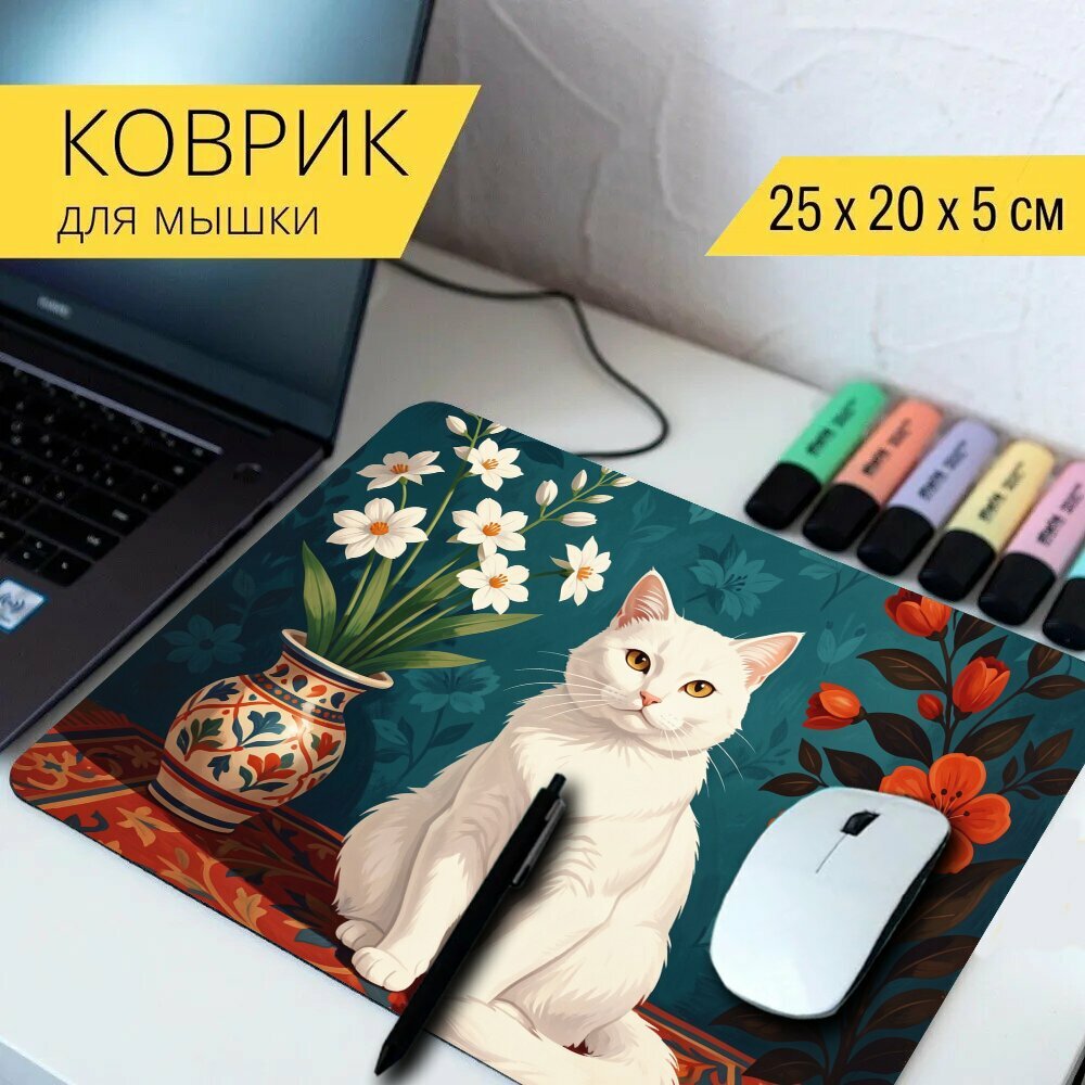 Коврик для мыши с принтом "Белый кот с цветами. Изящная иллюстрация: светлый кот сидит на узорном ковре, рядом расписная ваза с белыми соцветиями и ветви с." 25x20см.