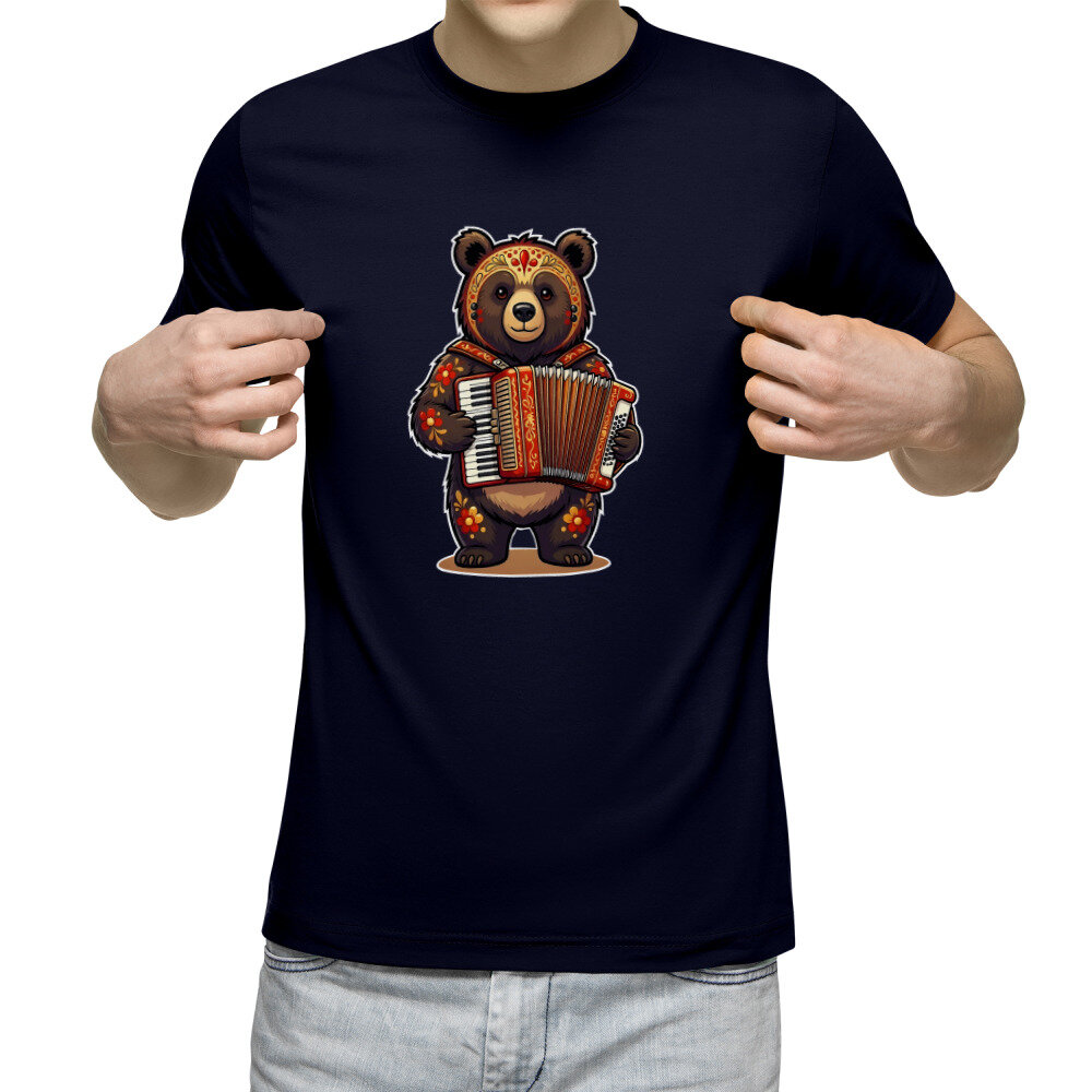 Мужская футболка «Медведь с гармошкой в хохломе» (темно-синий, 3XL)