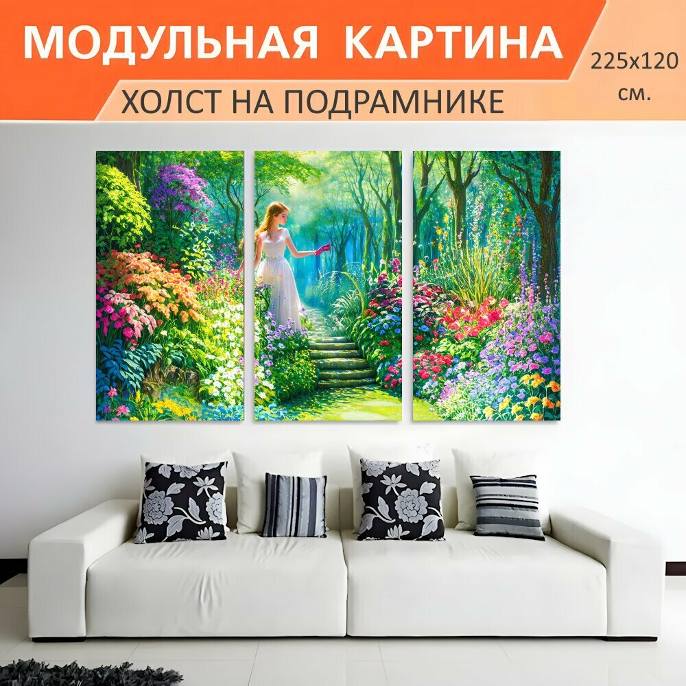 Модульная картина на холсте "Сказочный парк , реалистичный стиль, детализированное рисование, цвета" триптих на подрамнике 225х120 см. для интерьера