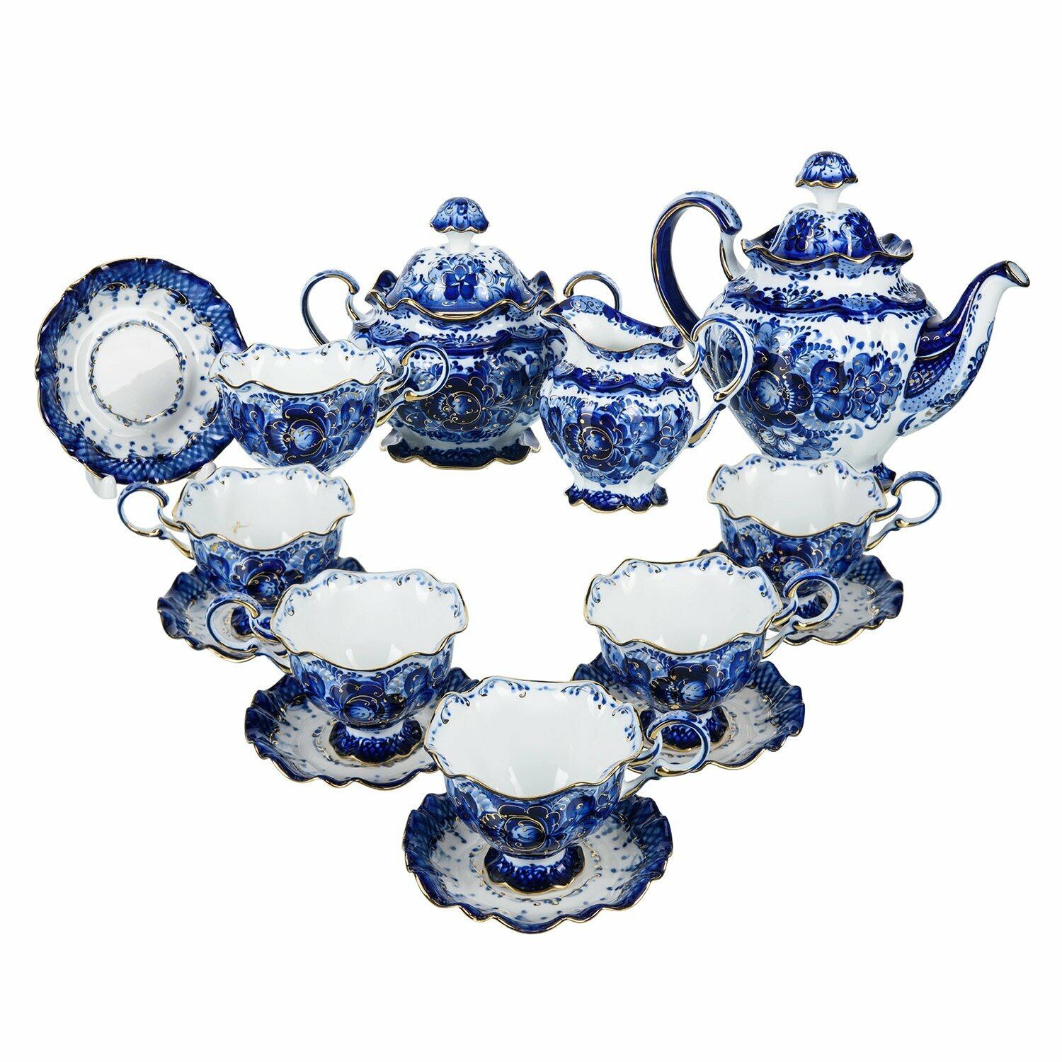 201914 Гжель Сервиз Чайный "Семейный", снеж, в золоте на 6 п. 15 пред. Авт. Алехин С. С.