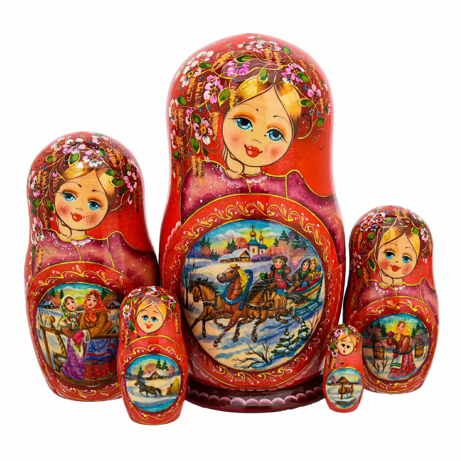 201560 Матрешка "тройка. Зима", красн платок, 5 мест 17 см