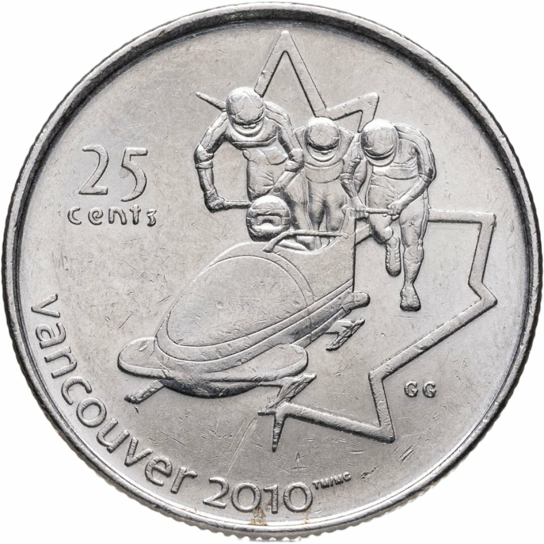 Канада 25 центов квотер, quarter dollar 2008 "XXI зимние Олимпийские Игры, Ванкувер 2010 - Бобслей", Сталь, в сохранности AU-UNC