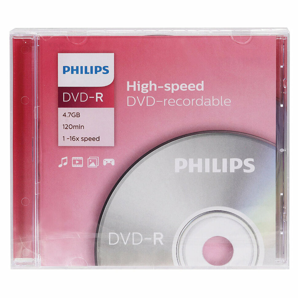 Диск DVD-R PHILIPS, 4,7 Гб, 16x, Slim Case (1 штука), DM4S6S01F/97, 514198