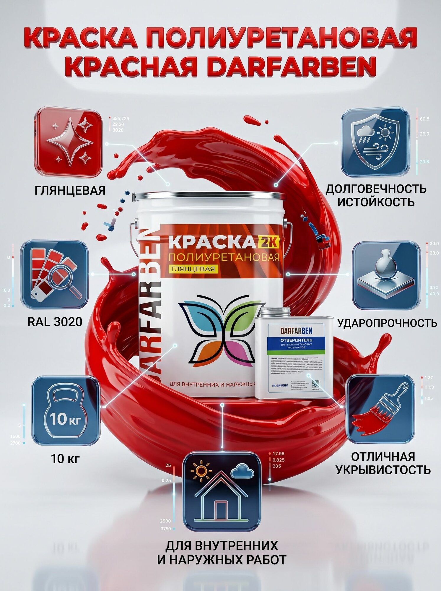 Полиуретановая краска глянцевая красная DARFARBEN по металлу, дереву, бетону 10 кг
