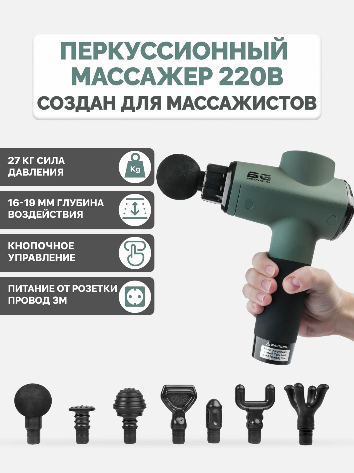 Перкуссионный массажный пистолет Bodygun PRO16 CORD с питанием от сети 220В