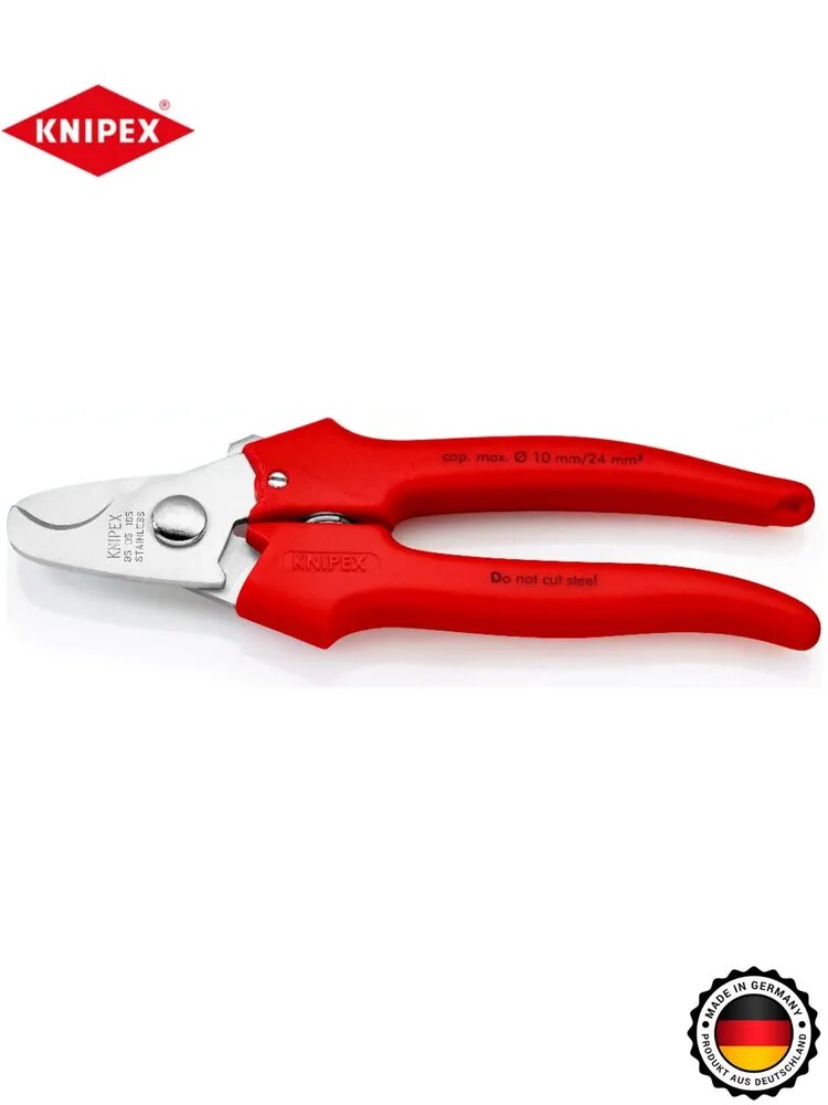 Кабелерез KNIPEX d 10 мм (24 кв. мм), длина 165 мм, пружина, нерж. хирургическая сталь, 1-комп ручки KN-9505165,