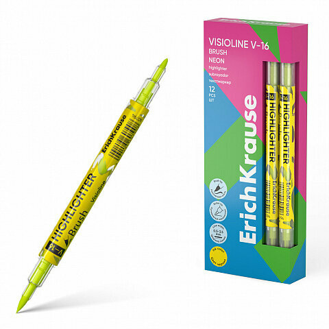 Текстмаркер Erich Krause Visioline V-16 Brush Neon, двухсторонний желтый , 12 шт.
