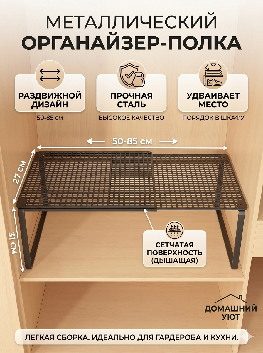 Полка раздвижная в шкаф для одежды, переставные перегородки, чёрный, Длина 50-85 см, ширина 27 см, высота 31 см
