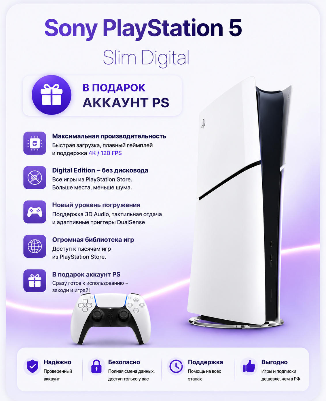 Игровая приставка Sony PlayStation 5 PS5 Slim Digital, 825gb, без дисковода, original