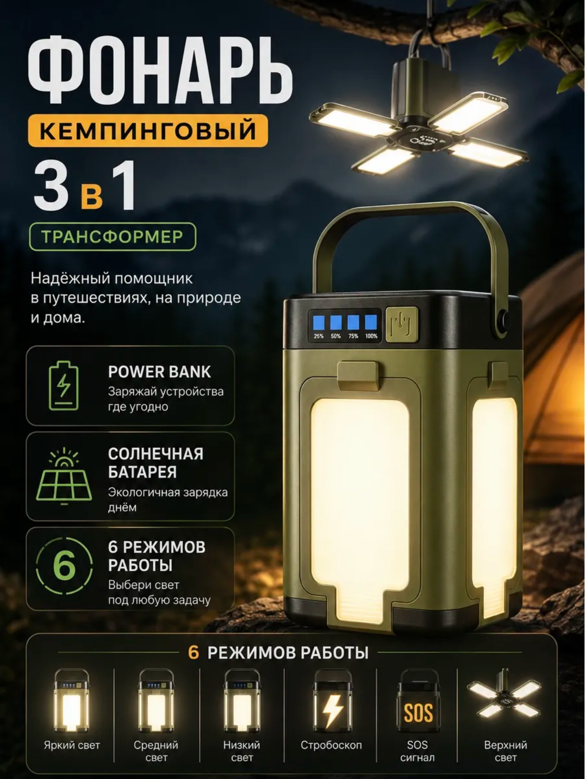 Фонарь-трансформер 3в1 кемпинговый аккумуляторный мощный в палатку