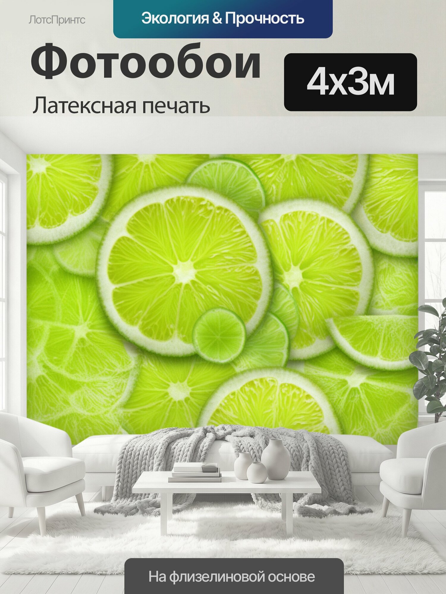 Фотообои моющиеся ударопрочные "Лайм фрукты полезная еда" 400x300 см. латексная печать