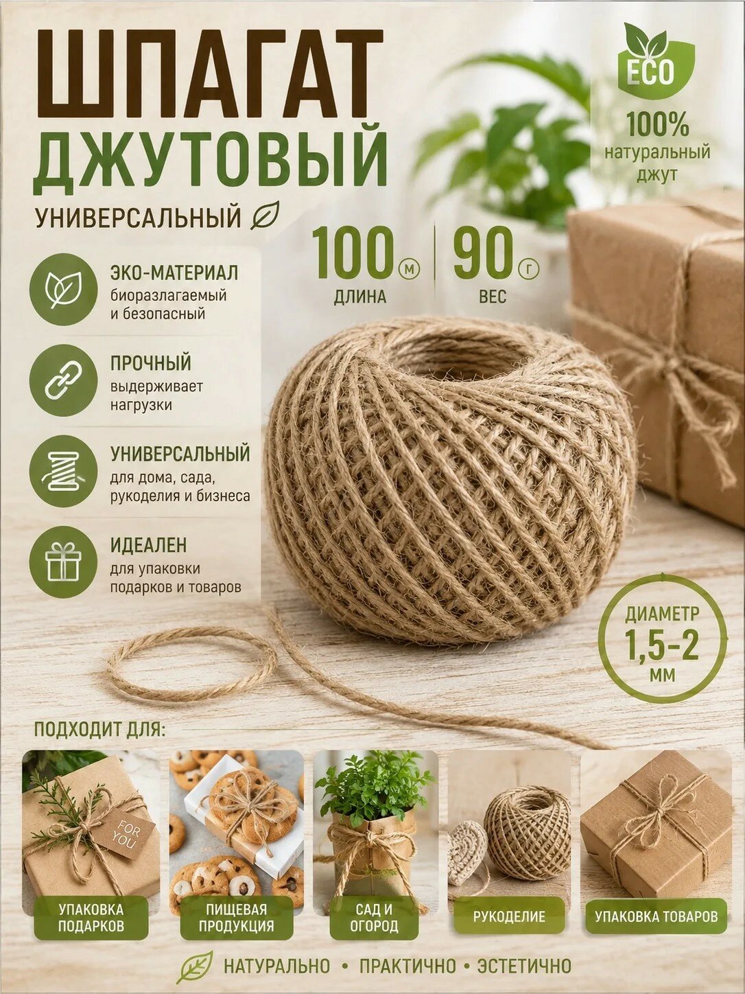 Шпагат джутовый длина 100 метров, 90 грамм, диаметр 1,5–2 мм универсальный, для упаковки товаров, пищевых продуктов