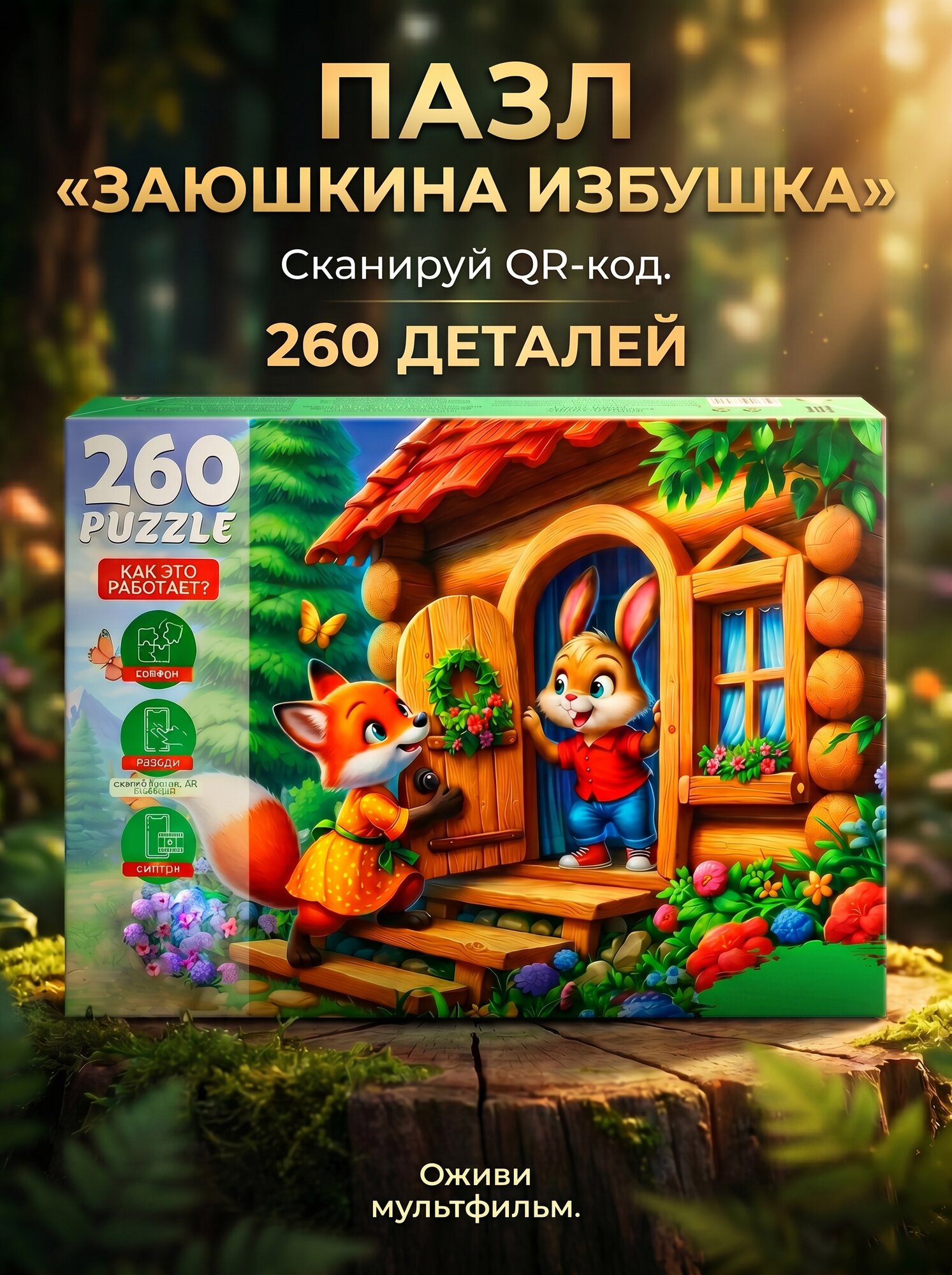 Рыжий кот Пазл: Оживи мультфильм "Заюшкина избушка" 260 элементов