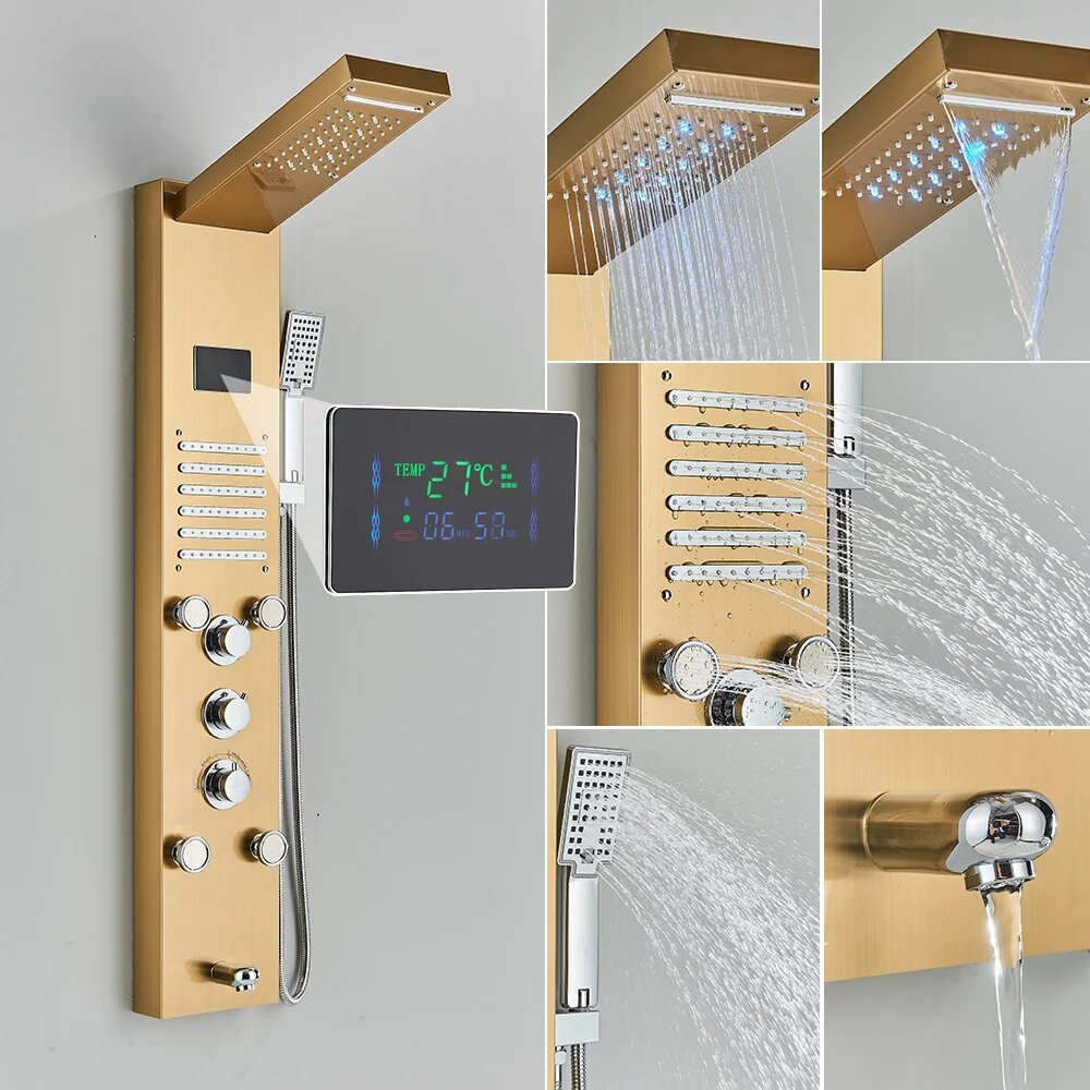 Панель душа "Golden Black Shower Panel" со стеновым дождевым водопадом, смесителем для душа, набором для ванной, aps-душными форсунками, пластиковым ручным душеголовком