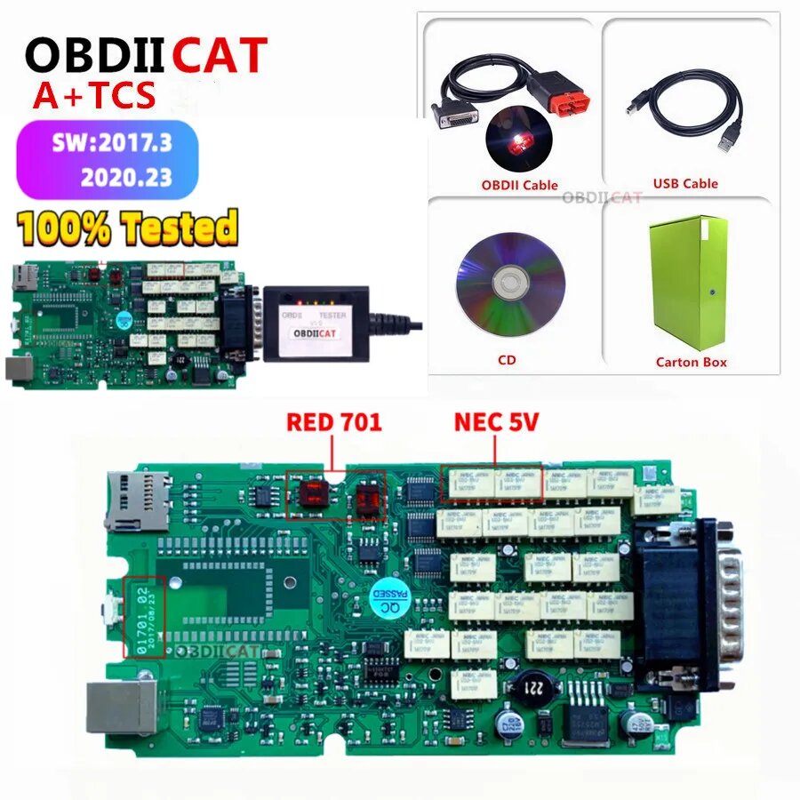 OBDII CAT A+TCS сканер OBD2 2020.23, Red 701, NEC 5V