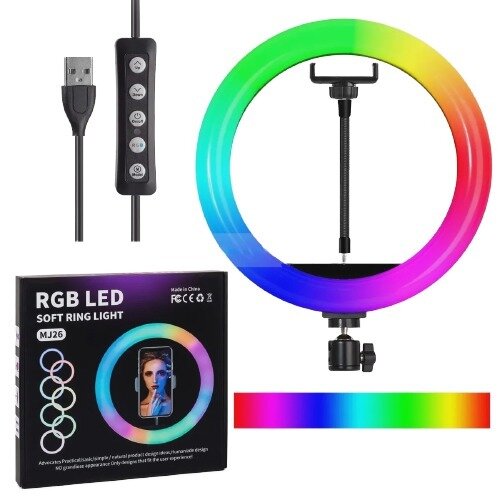 Кольцевая разноцветная лампа RGB LED MJ26, держателем для телефона, пультом на проводе