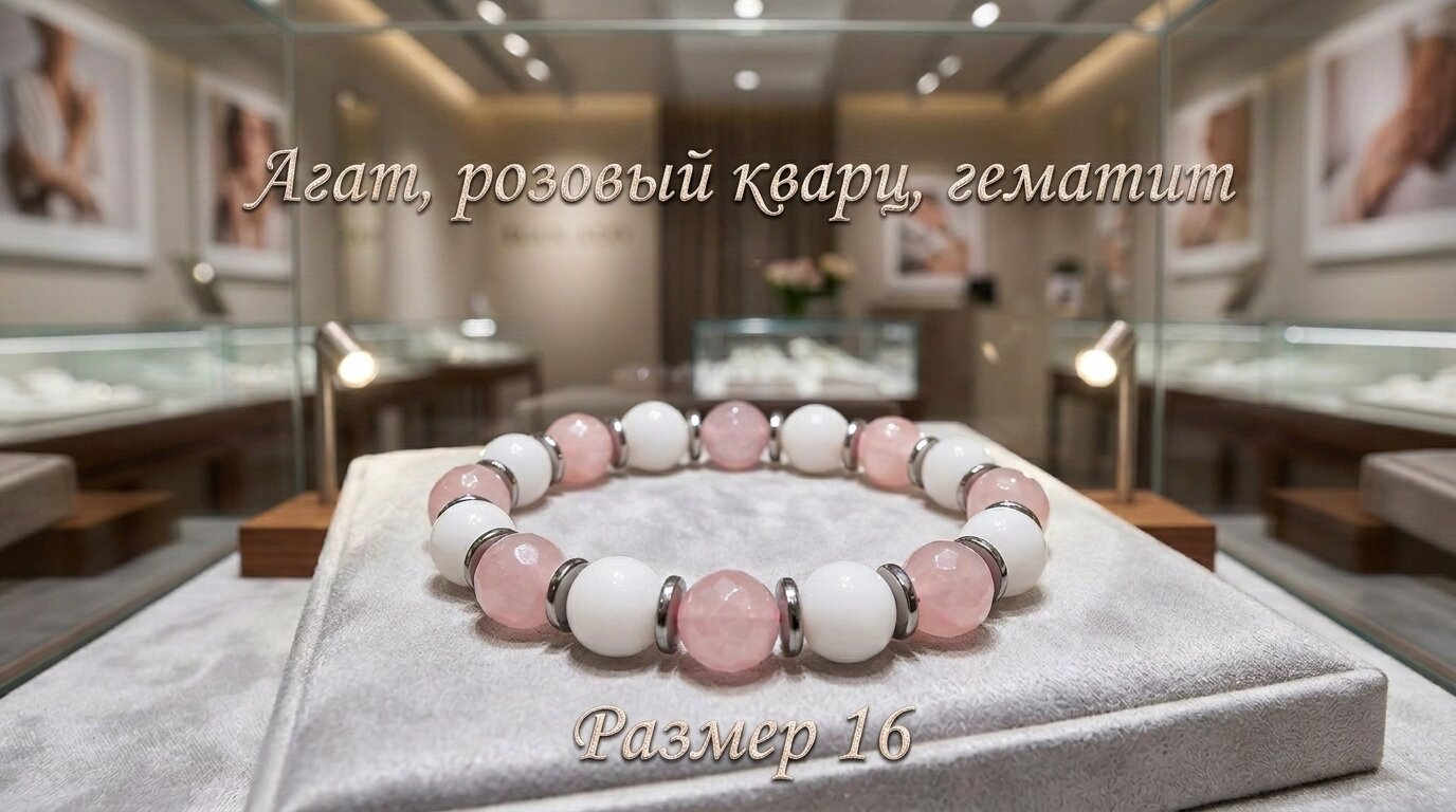 Браслет, агат, кварц розовый, гематит