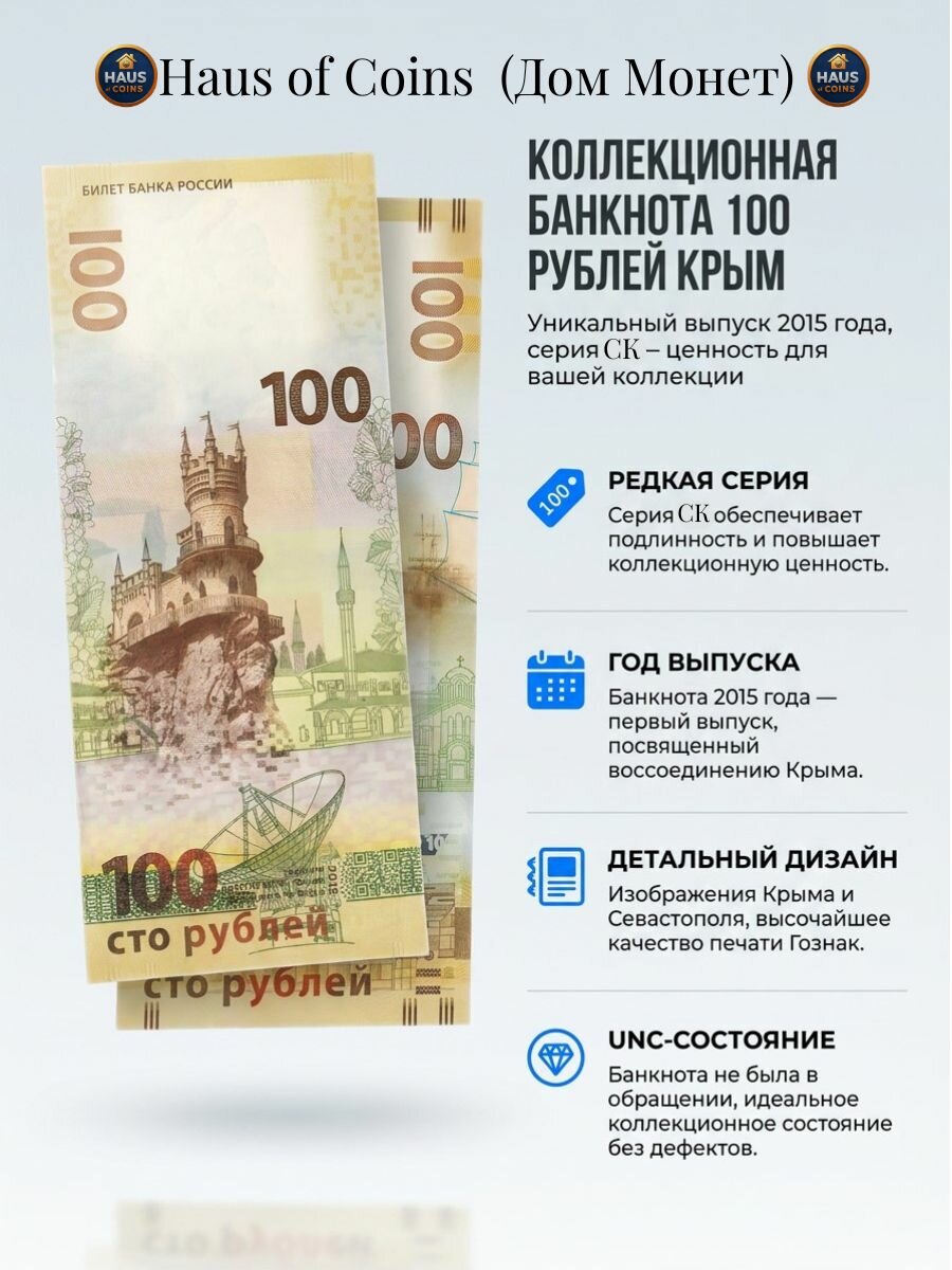 100 рублей 2015 года Крым Севастополь, воссоединение с Россией. Пресс, серия СК, памятная банкнота
