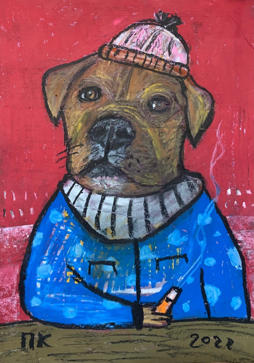 Авторский коллаж и рисунок пастелью на бумаге Курящая собака 73/ Smoking dog #73 (2022). Единственный экземпляр. Художник Павел Курагин. 21х29,7 см