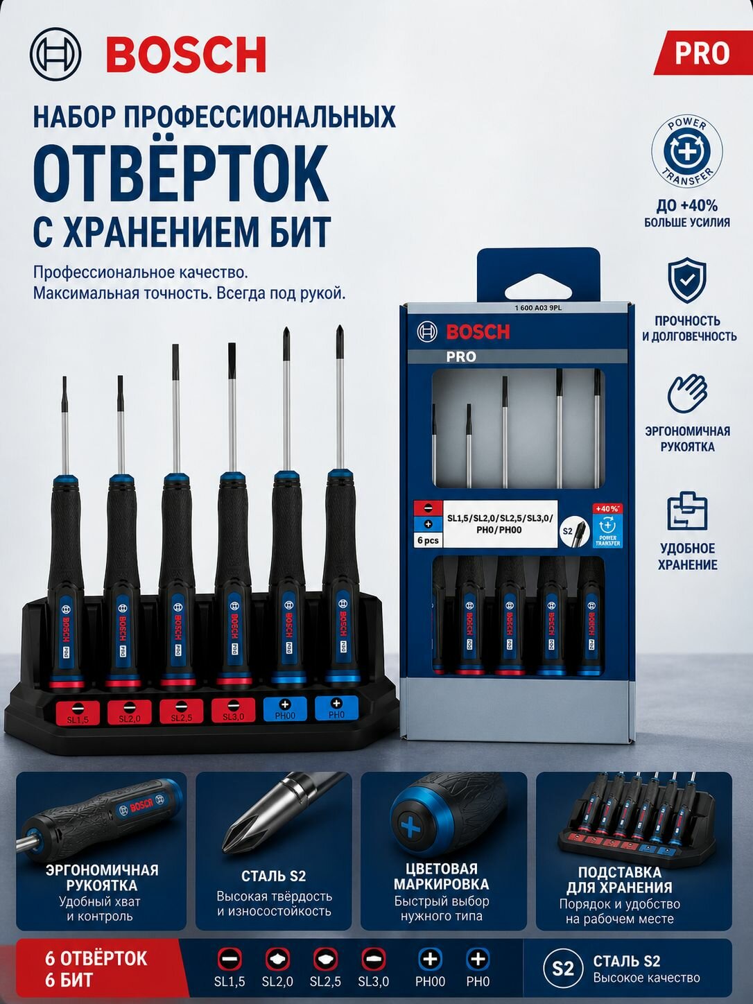 BOSCH 1600A039PL Набор прецизионных отверток, 6 предметов, из стали CR-V. Идеально подходит для ремонта электроники, часов, мобильных телефонов, компьютеров и других мелких работ.