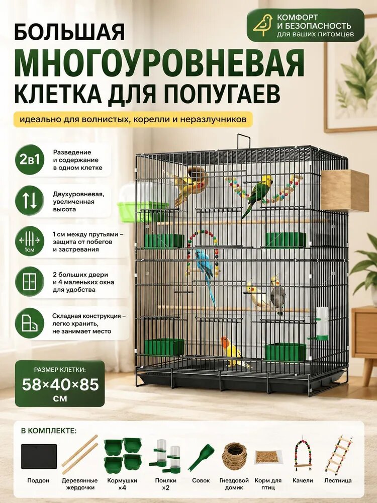 Клетка для попугая большая черная с поддоном, для волнистых и корелл, 58*40*85 см