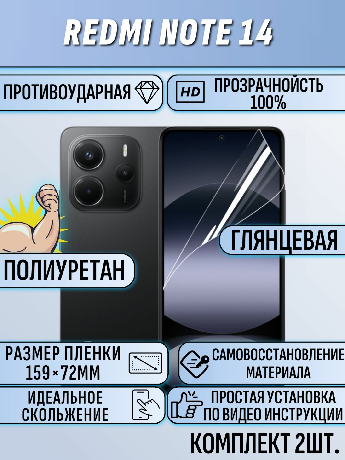 Гидрогелевая пленка для Redmi Note 14 глянцевая 2 шт