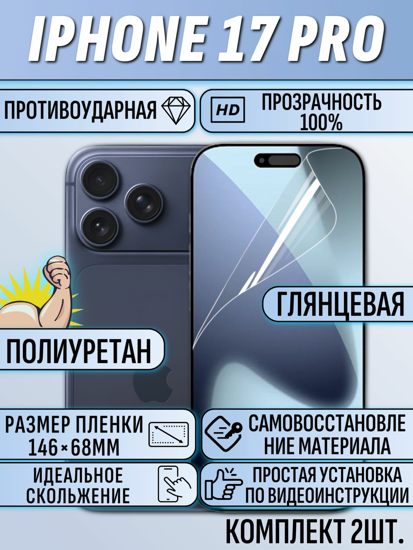 Гидрогелевая пленка iPhone 17 Pro / Айфон17 Про полиуриетановое защитное покрытие 2шт