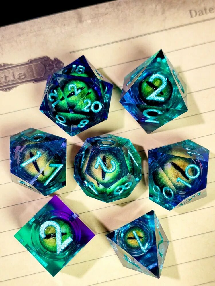 Набор кубики ДнД из смолы с вращающимся драконом, дайсы для Dungeons & Dragons, голубой с зелёными цифрами