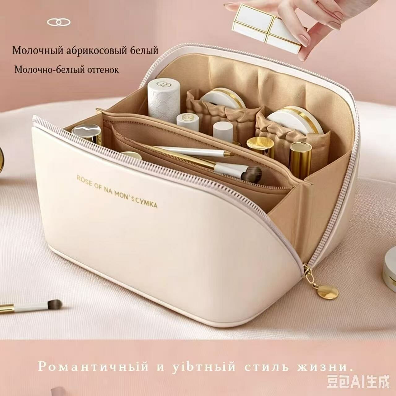 Дорожная косметичка, удобная в переноске, бежевая, 23,5*10,5*11 см.