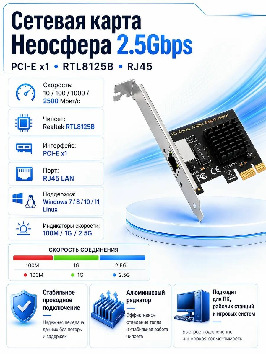 Сетевая карта Неосфера 2.5Gbps RTL8125B 10/100/1000/2500 для Pсi-E x1 RJ45