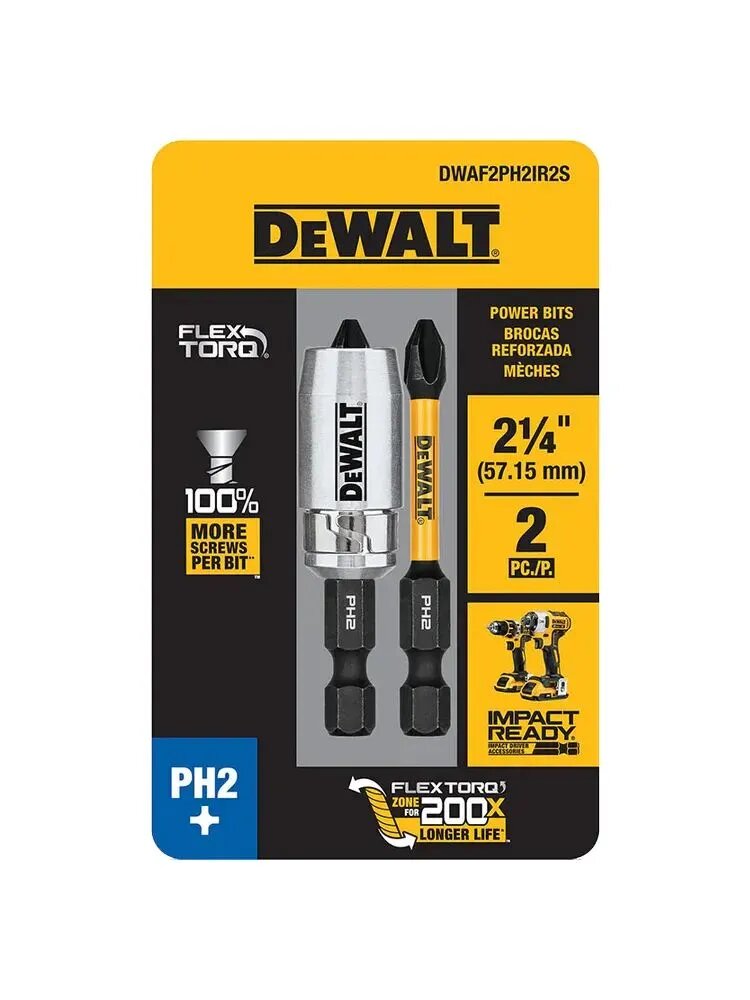 DEWALT DWAF2PH2IR2S FlexTorq Биты для ударного шуруповерта с магнитной втулкой 57 мм, прочная насадка на сверло-отвертку