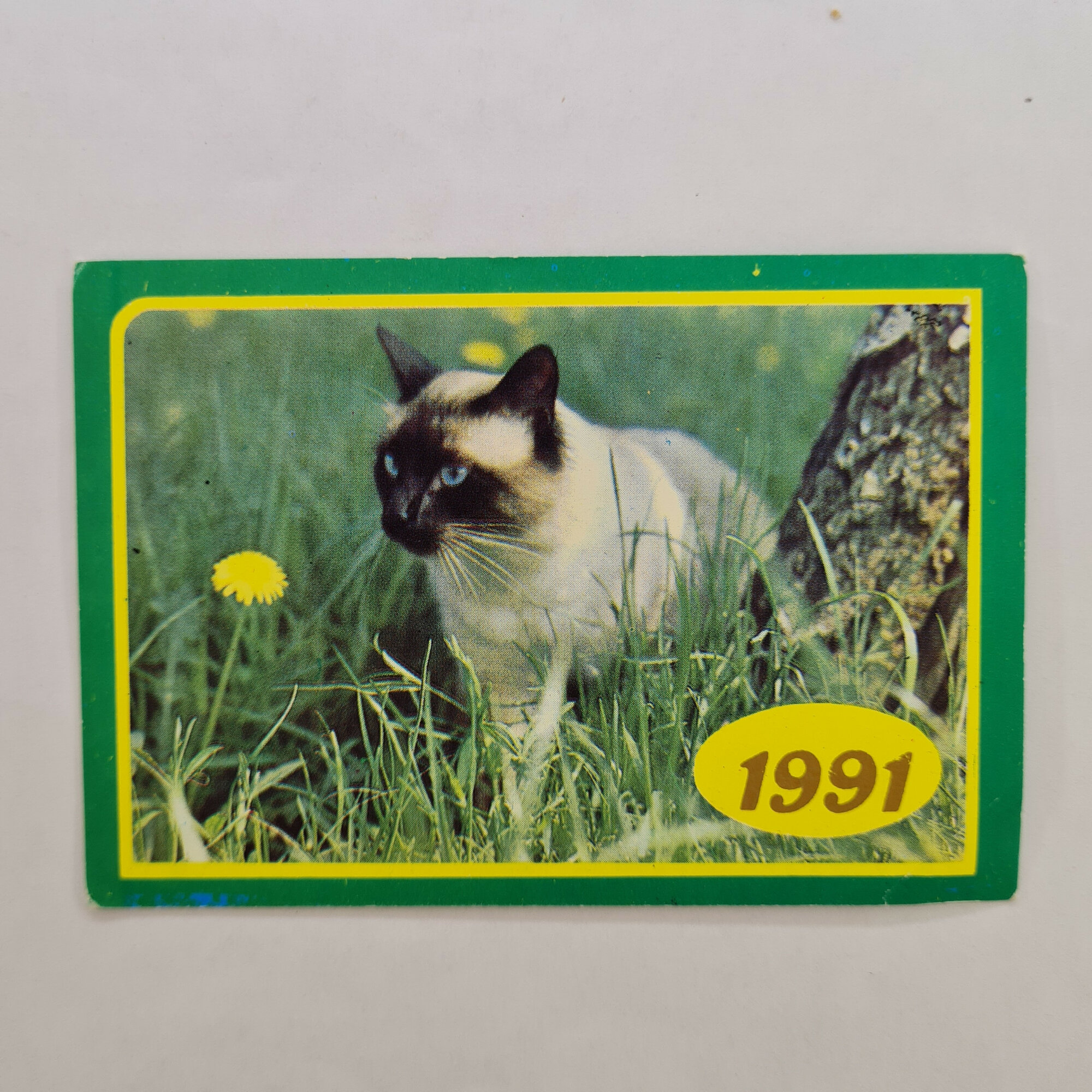 Карманный календарик СССР 1991. Сиамская кошка на траве, домашние животные. Советский календарь