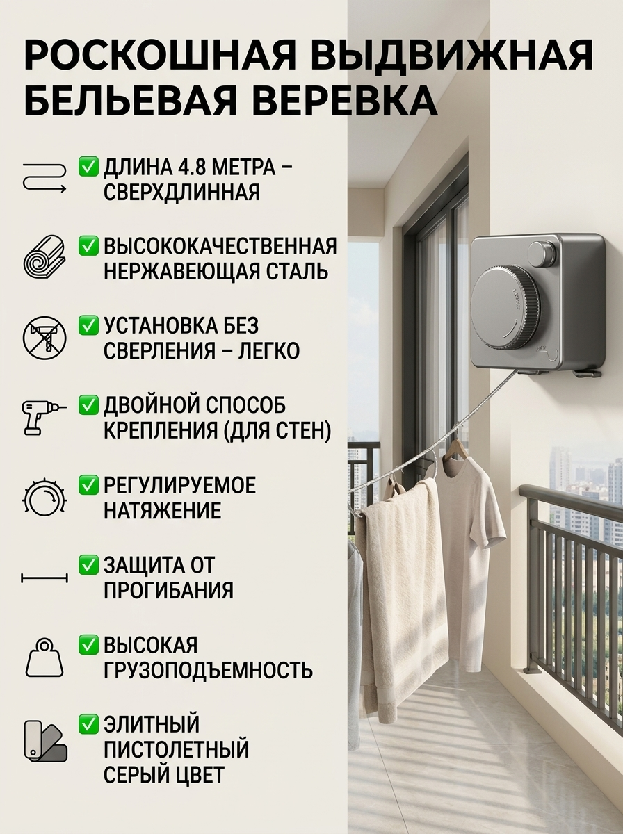 Веревка бельевая с металлической жилой, Балкон, убирающийся. серый