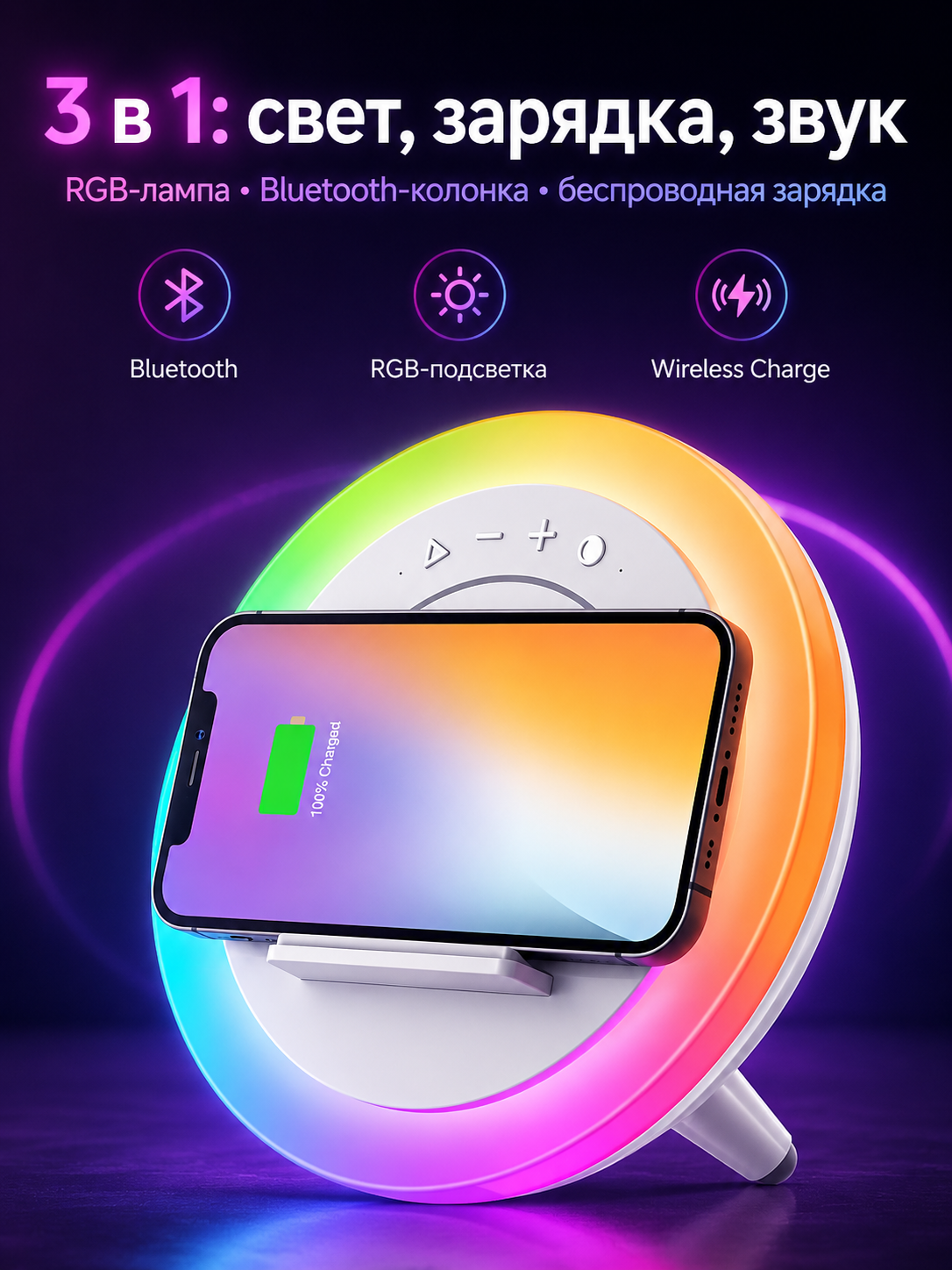 Умный светильник RGB Ночник с беспроводной зарядкой и Bluetooth колонкой, Белый